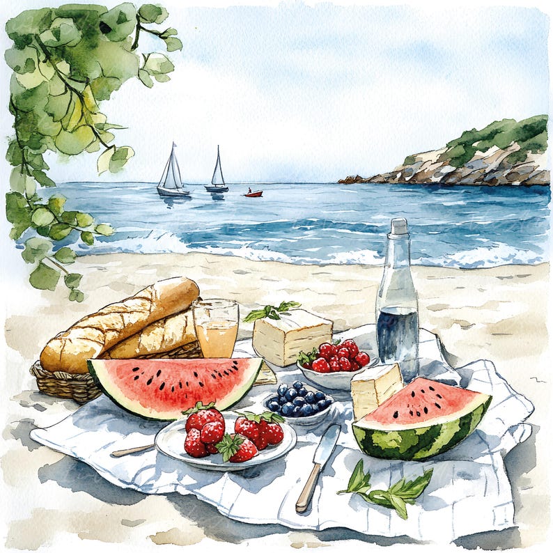 Shabby Chic Beach Picnic Clipart Set – 20 Watercolor Illustrations of ...