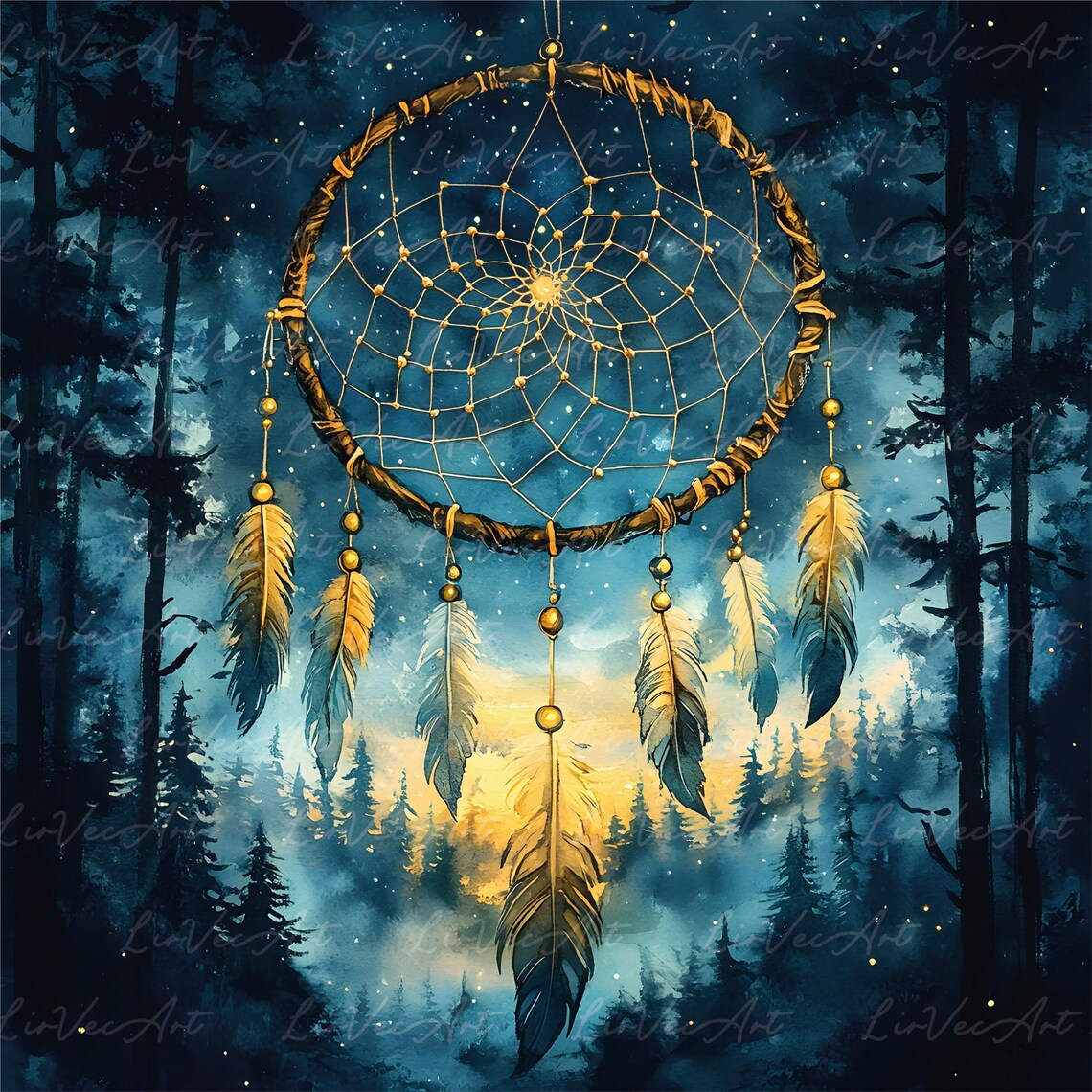 Dreamcatcher Clipart Set With Night Forest Landscapes, Moon and Stars ...