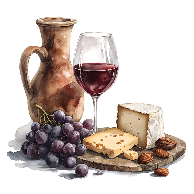 Watercolor Wine and Snack Clipart, Red & White Wine Glasses With Cheese ...