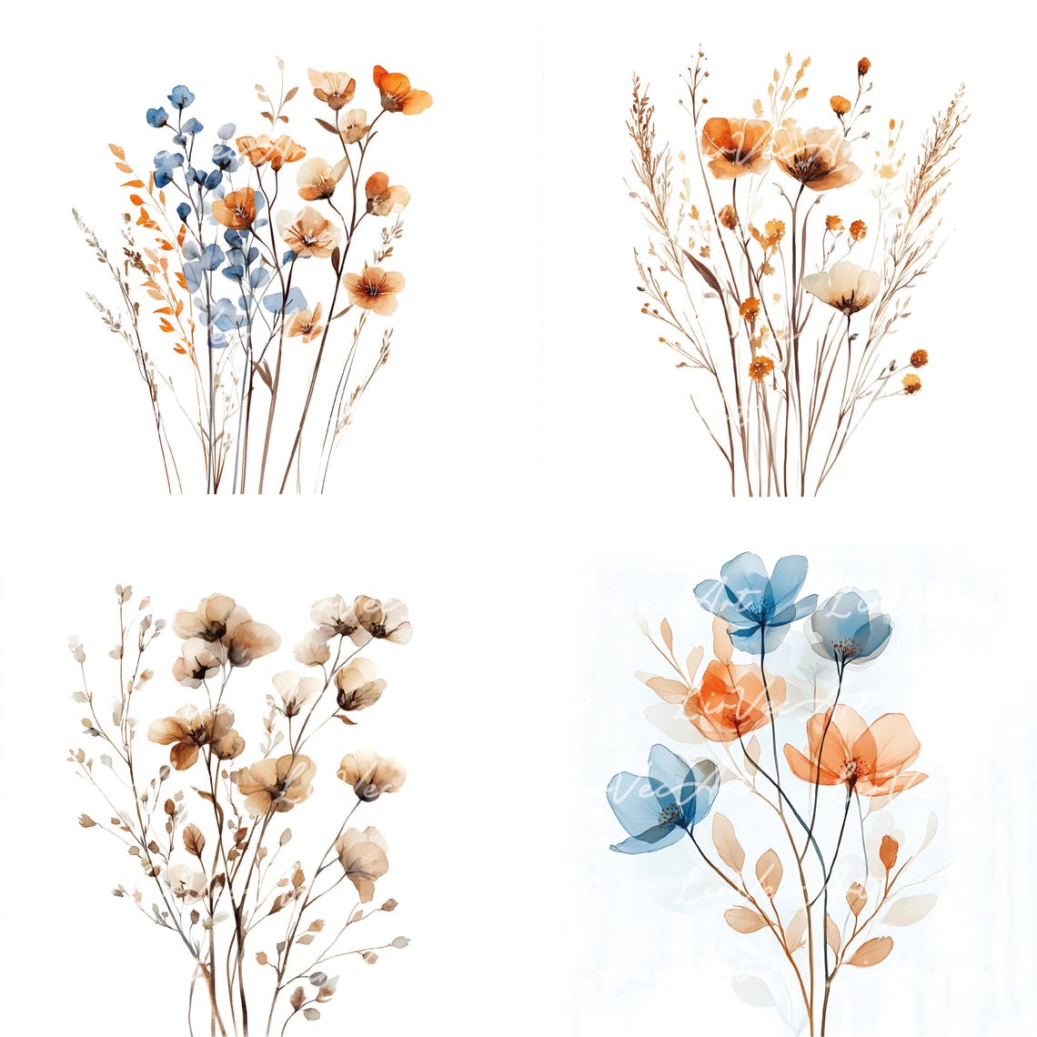 32 Abstract Flowers Clipart, Dried Flowers, Printable Watercolor ...