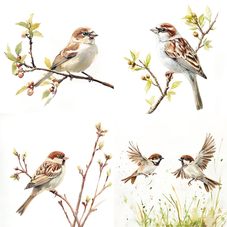 Spring Sparrows – 21 Watercolor Clipart, High-resolution Birds, Spring ...