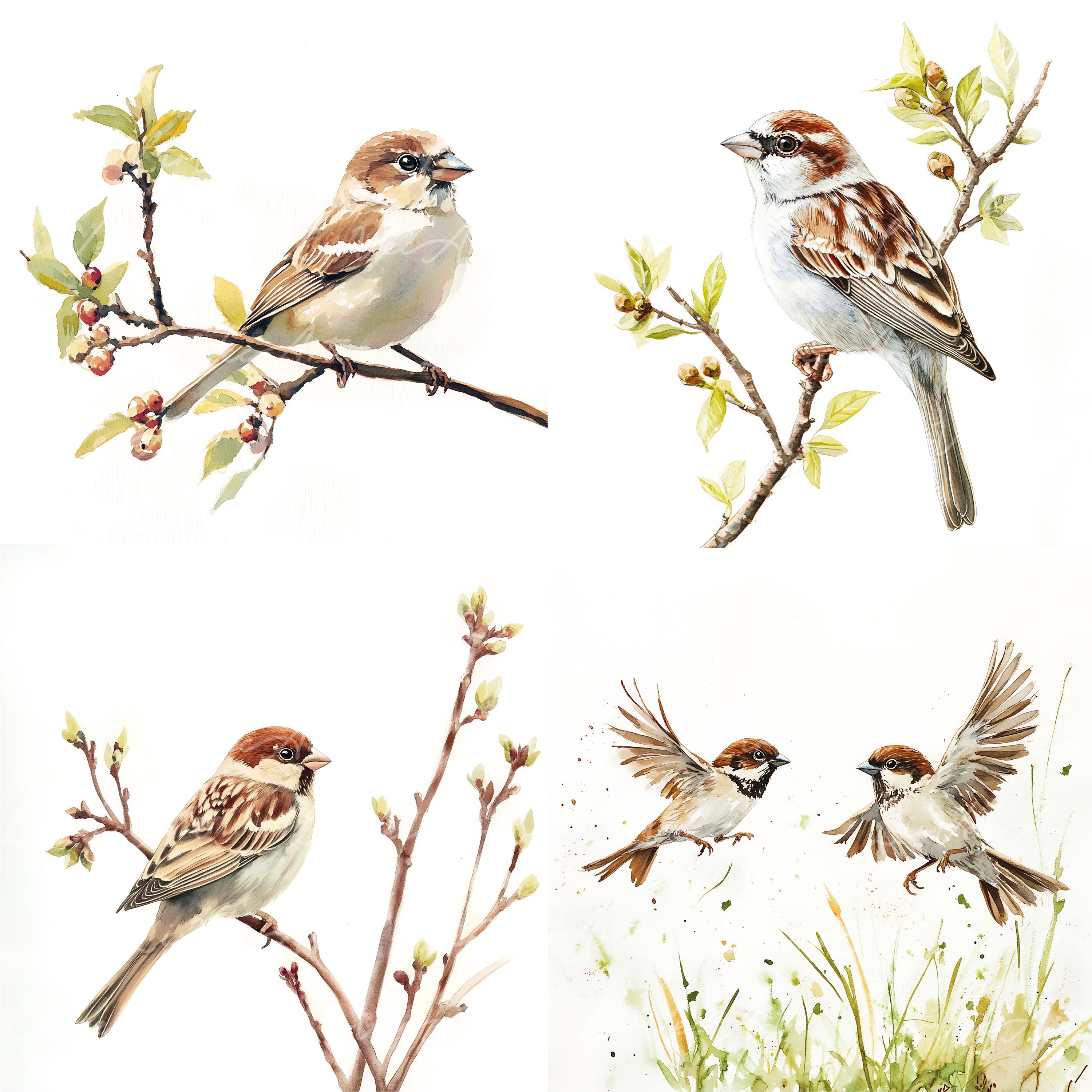 Spring Sparrows – 21 Watercolor Clipart, High-resolution Birds, Spring Clipart, Commercial Use ...