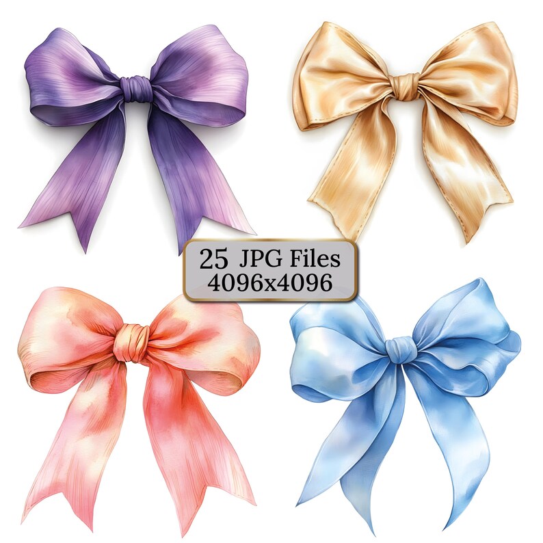 Colorful Bow Clipart Set, 25 Watercolor Ribbon Bows, Pastel Satin Silk ...