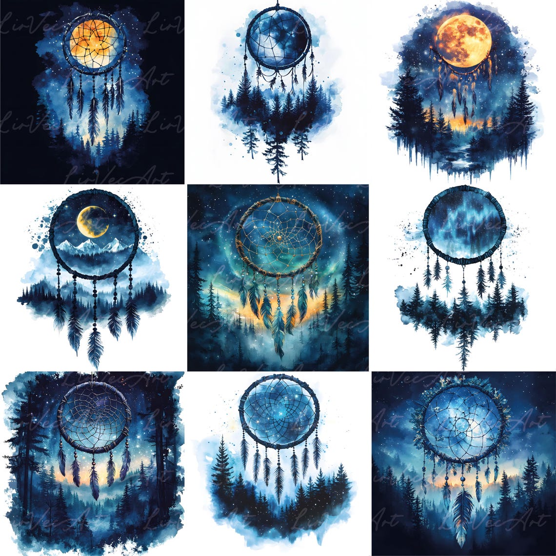 Dreamcatcher Clipart Set With Night Forest Landscapes, Moon and Stars ...
