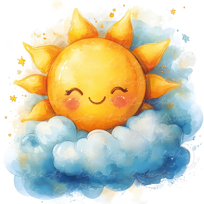 Cute Watercolor Sun Clipart Bundle, 30 Smiling Sun Illustrations With ...