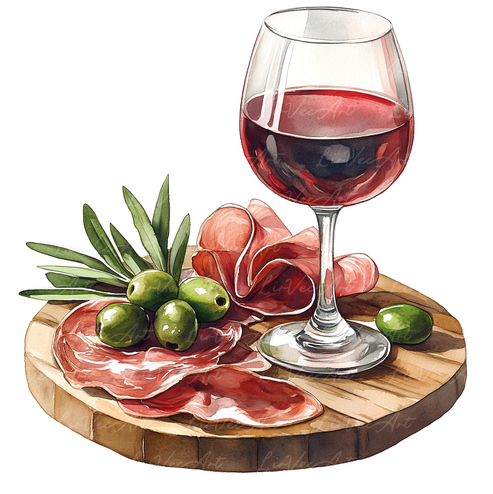 Watercolor Wine and Snack Clipart, Red & White Wine Glasses With Cheese ...
