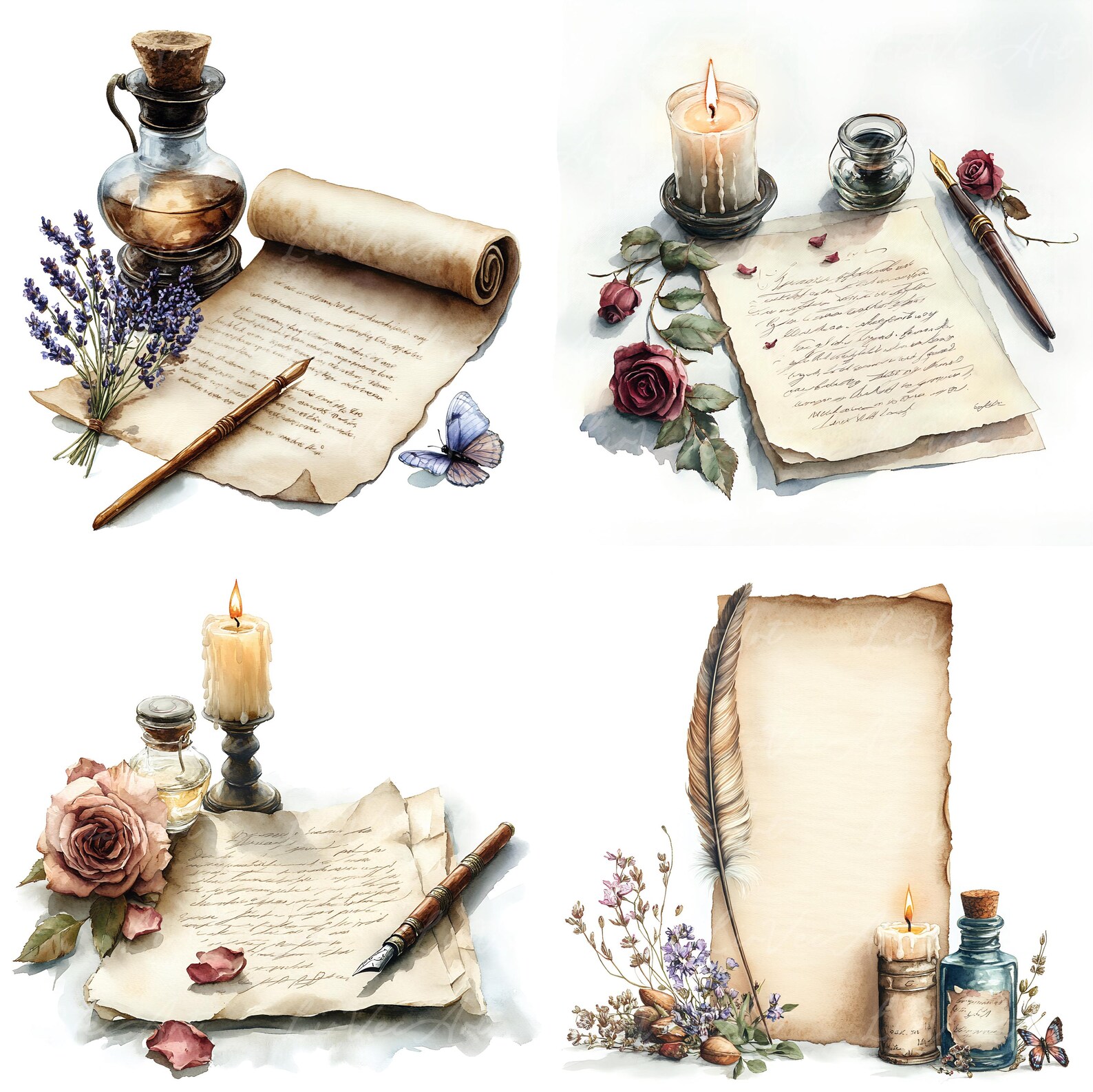 Vintage Writing Clipart Set – 24 Watercolor Illustrations of Aged Paper ...