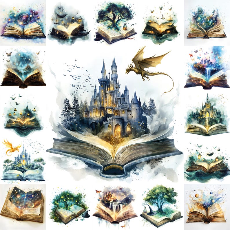 20 Enchanted Fantasy Books – Magical Storybook Clipart, Watercolor Open ...