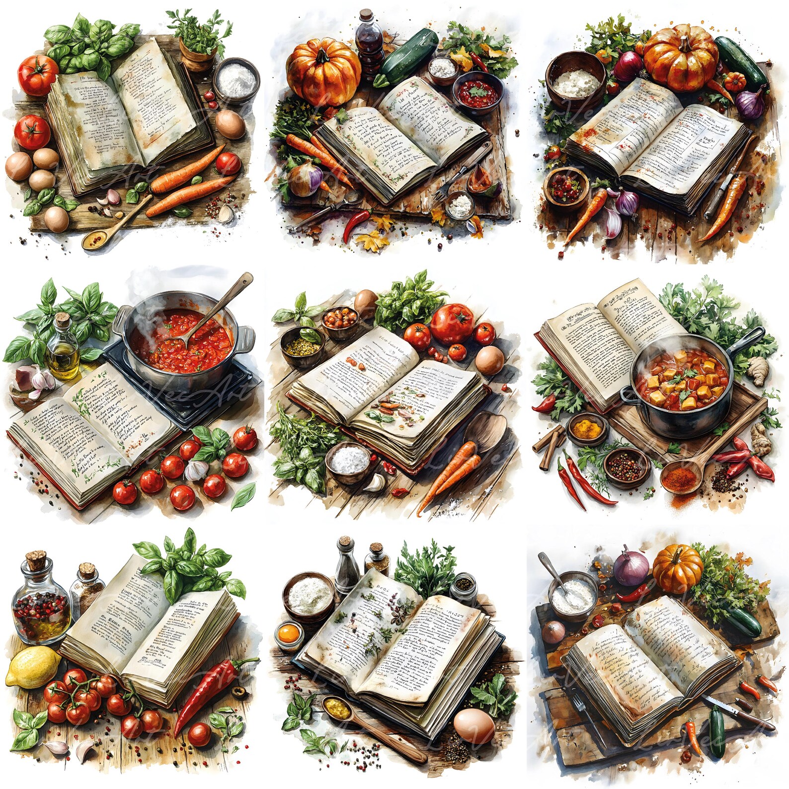 Vintage Watercolor Cookbook Clipart – Rustic Recipe Book Illustrations ...