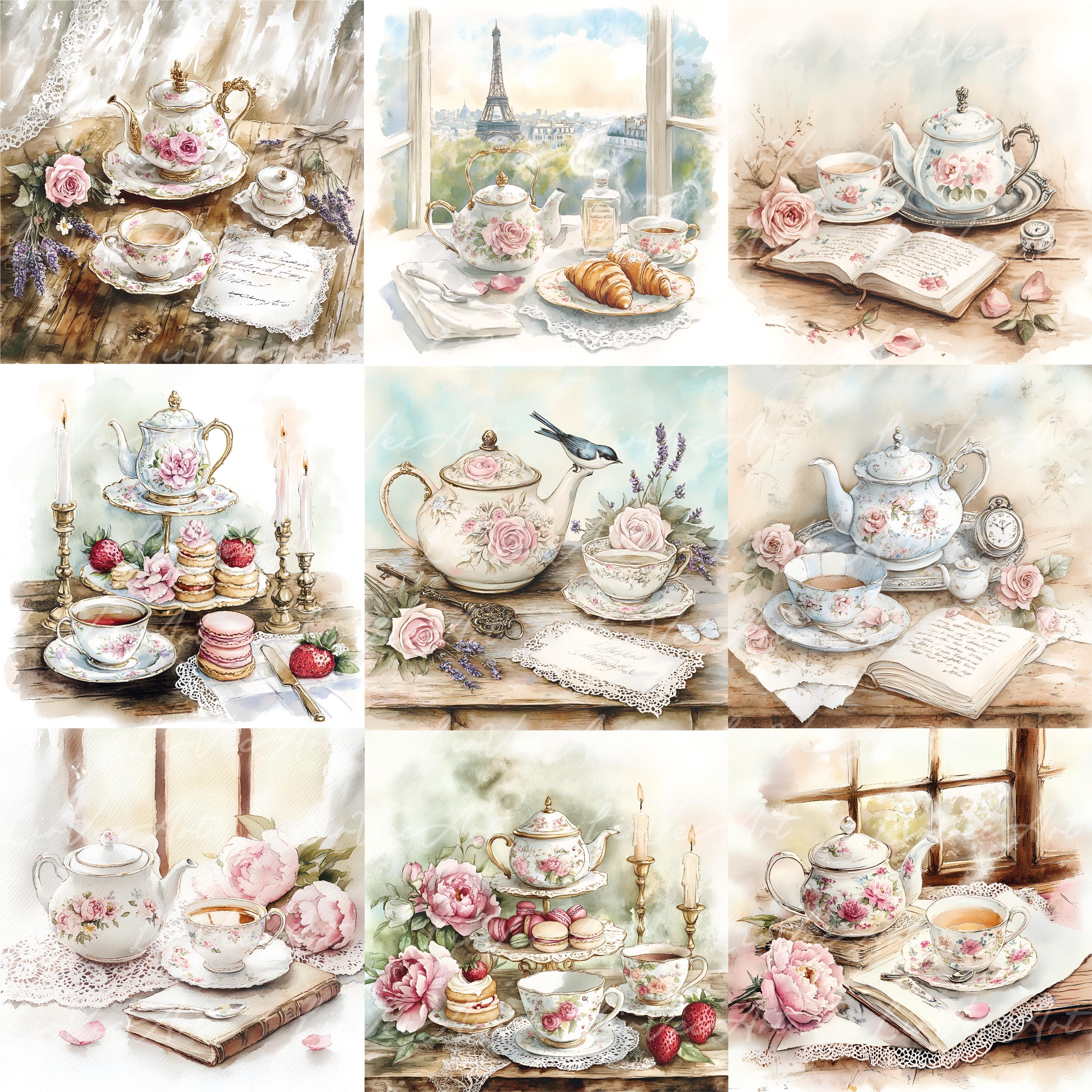 Shabby Chic Tea Set Clipart - 20 Watercolor Vintage Illustrations ...