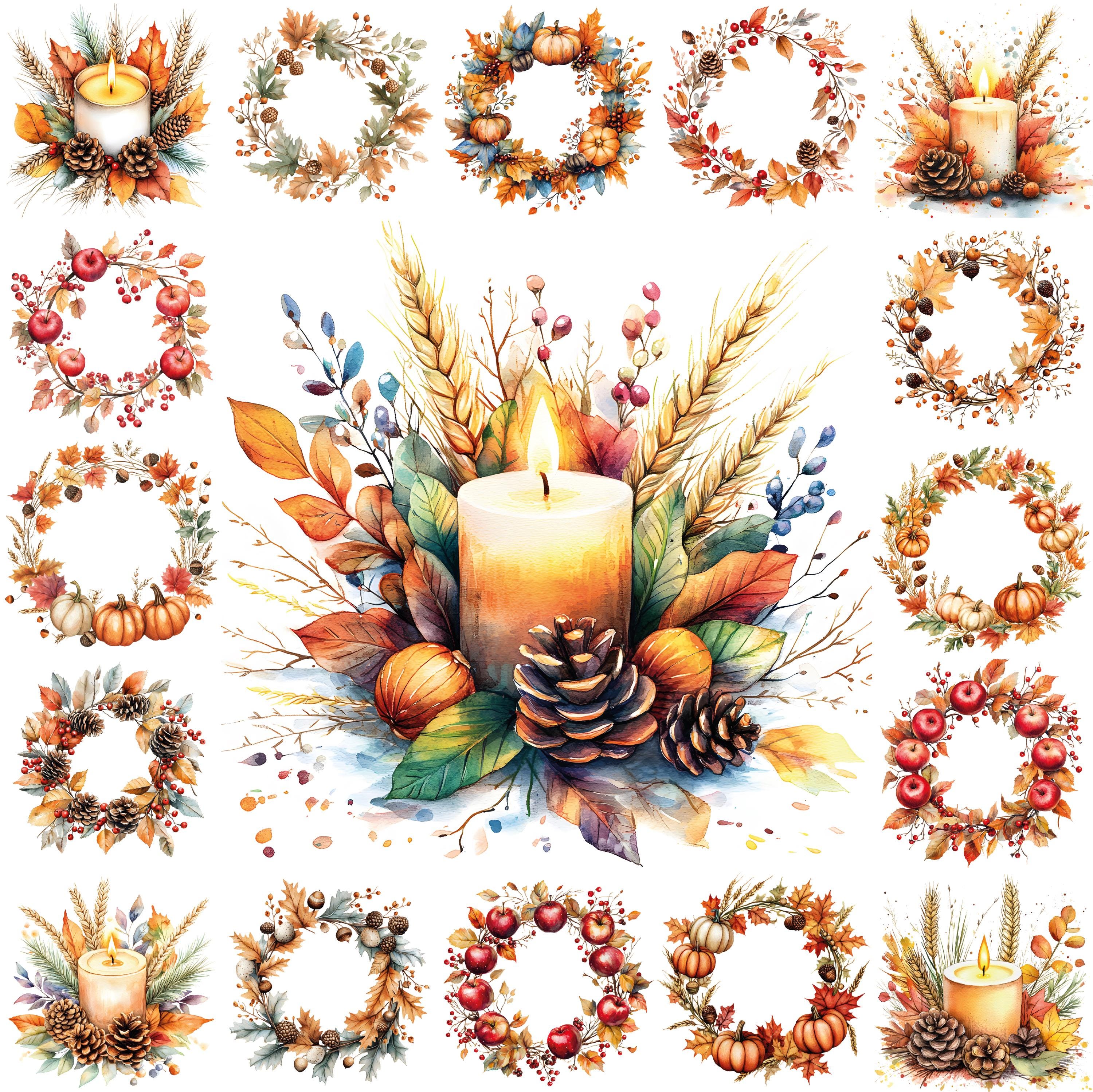 Watercolor Autumn Wreath Clipart Set – Fall Harvest Pumpkins, Acorns ...