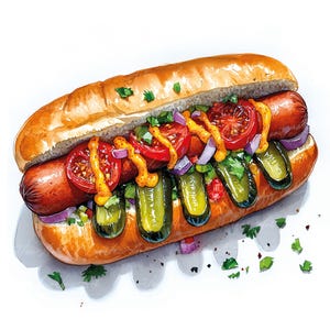 Hot Dog Watercolor Clipart Bundle – 25 Juicy Fast Food Illustrations ...