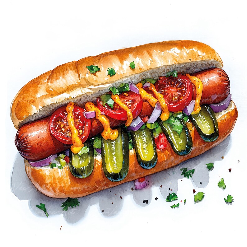 Hot Dog Watercolor Clipart Bundle, 25 Juicy Fast Food Illustrations ...