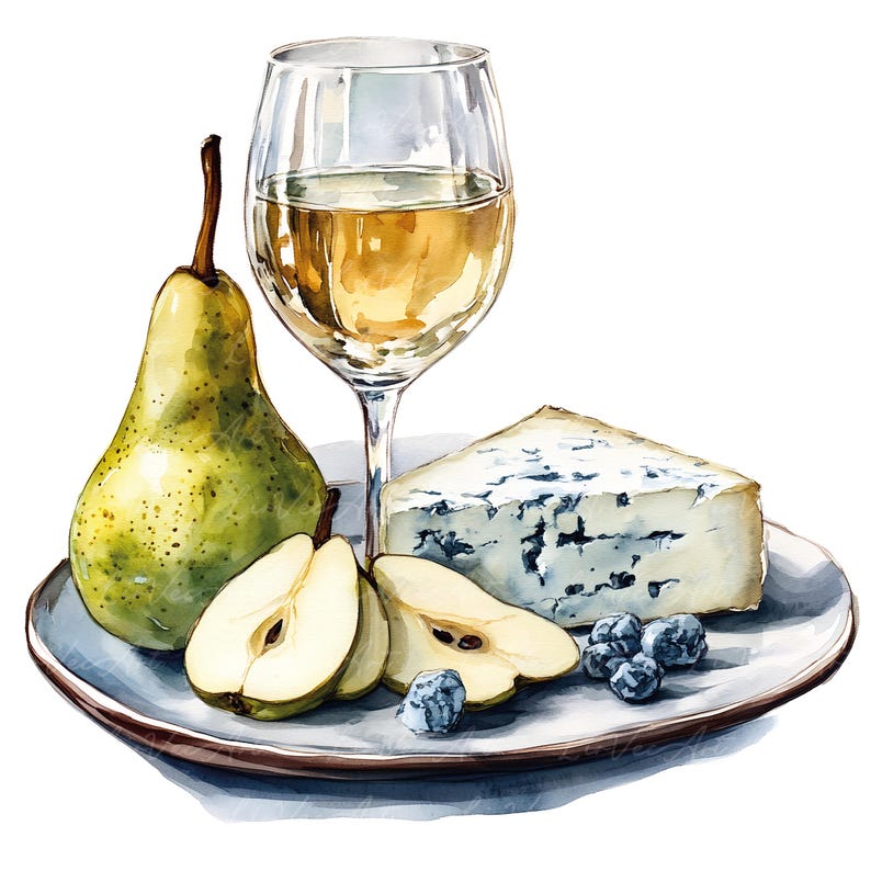 Watercolor Wine and Snack Clipart, Red & White Wine Glasses With Cheese ...
