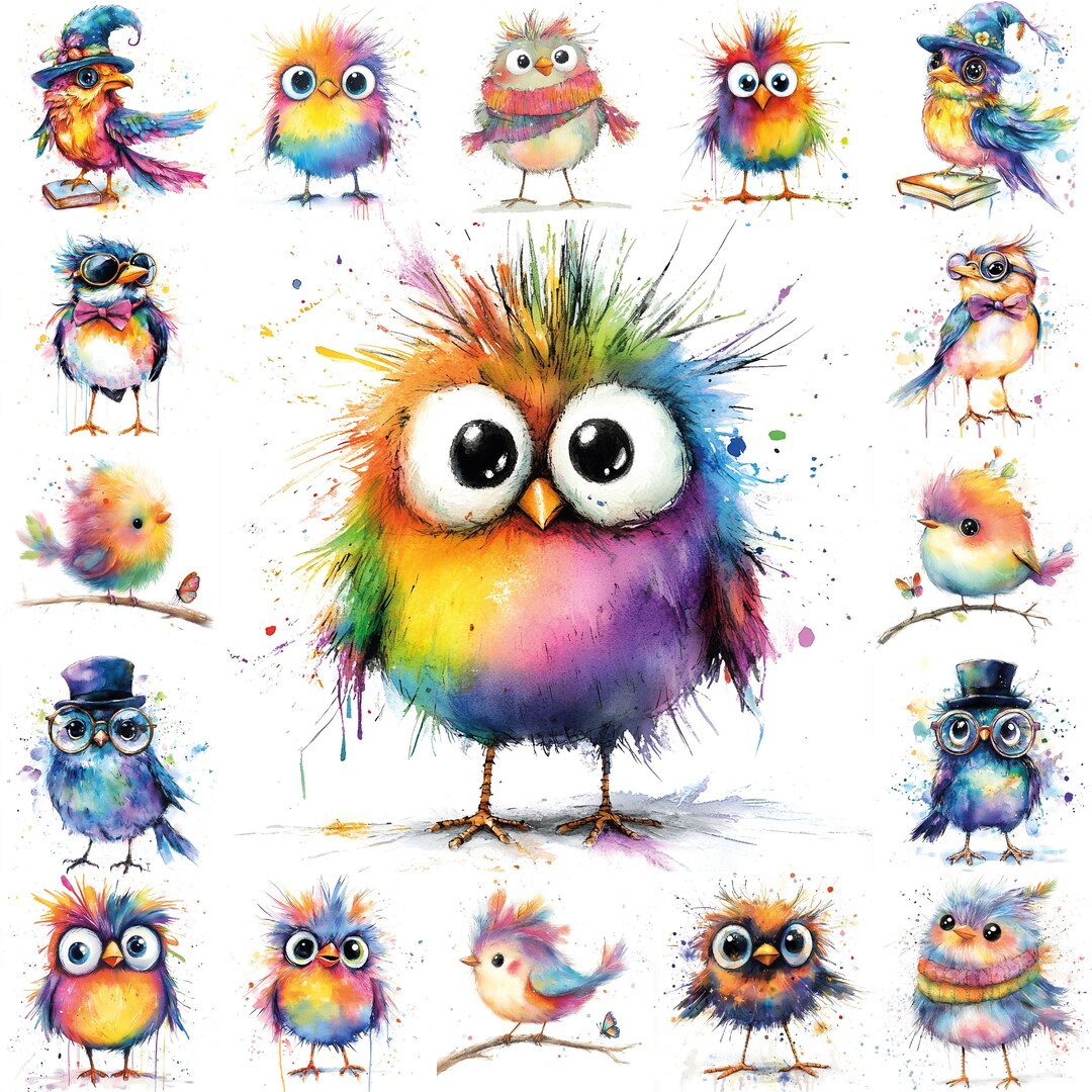 Whimsical Watercolor Birds Clipart – 24 Cute Fantasy Bird Illustrations ...
