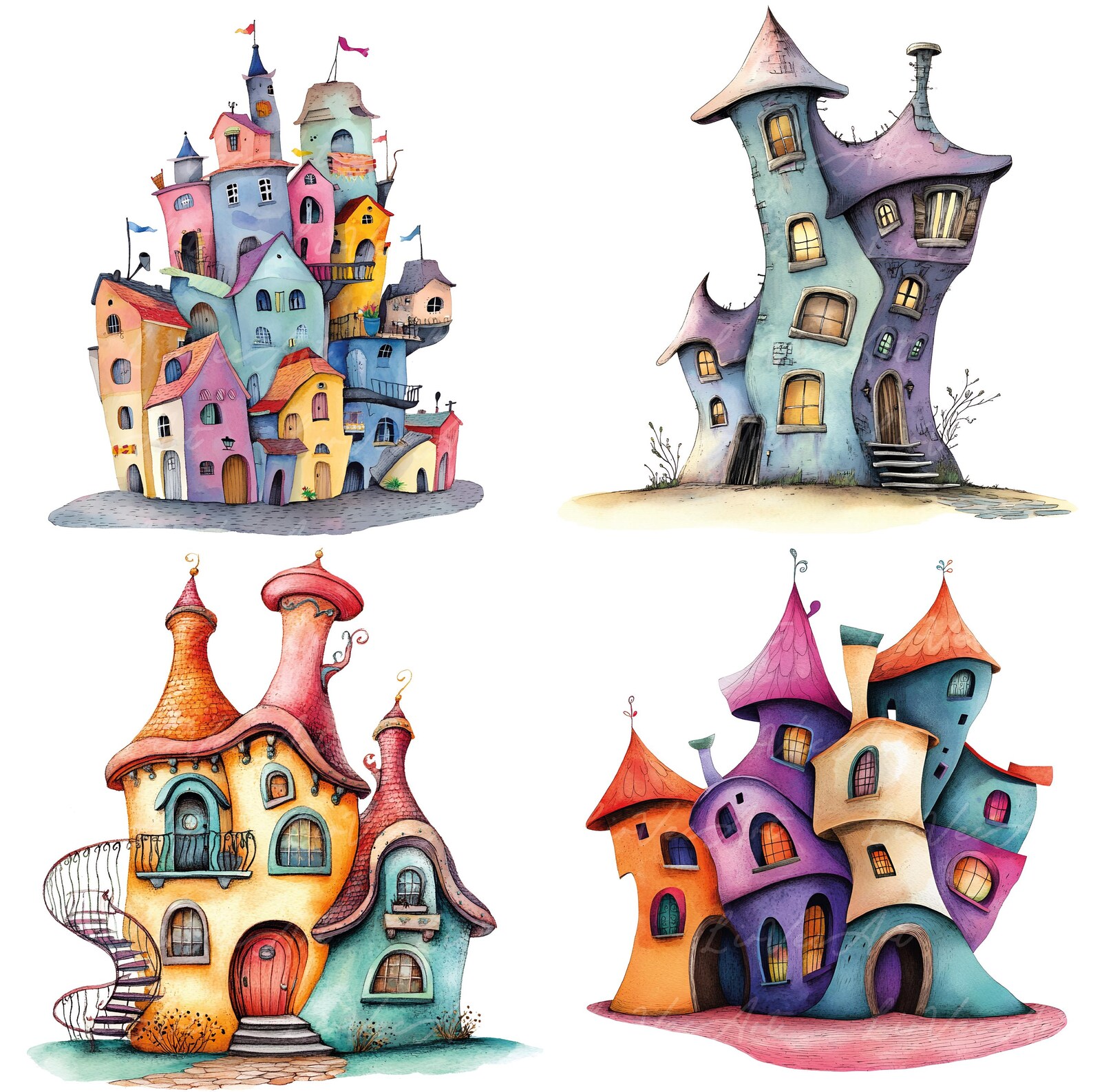 Whimsical Fantasy Houses Clipart – 28 Colorful Cartoon Buildings With ...