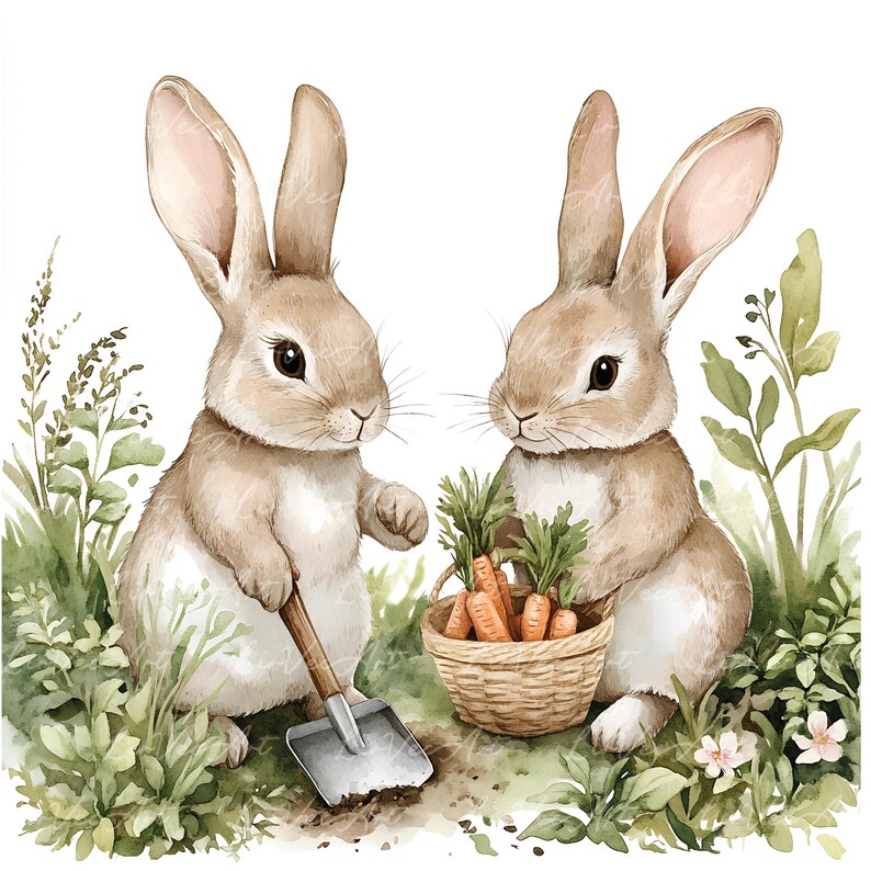 18 Watercolor Gardening Bunnies Clipart - Adorable Spring Rabbits for ...