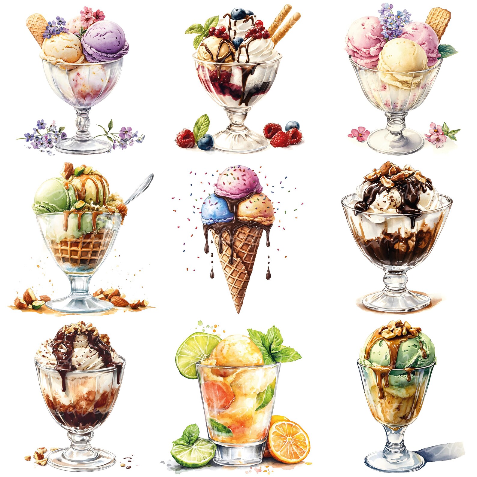 Watercolor Ice Cream Clipart Set – 38 Realistic Desserts in Glass Cups ...