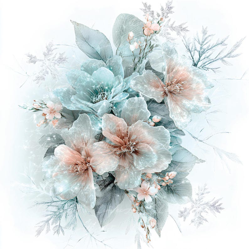 18 Ice Flower Bouquet Clipart Bundle - Watercolor Winter Floral ...