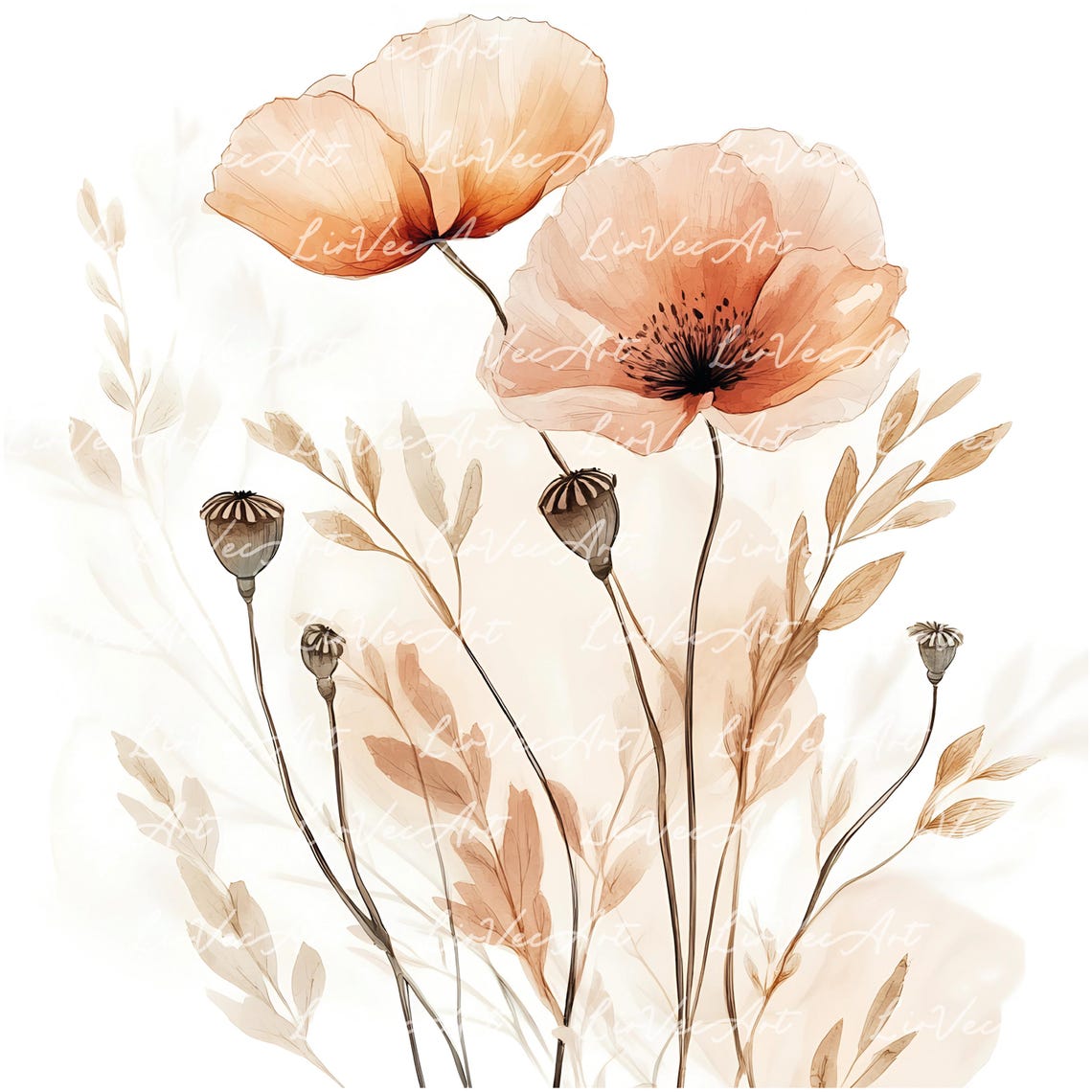32 Abstract Flowers Clipart, Dried Flowers, Printable Watercolor ...