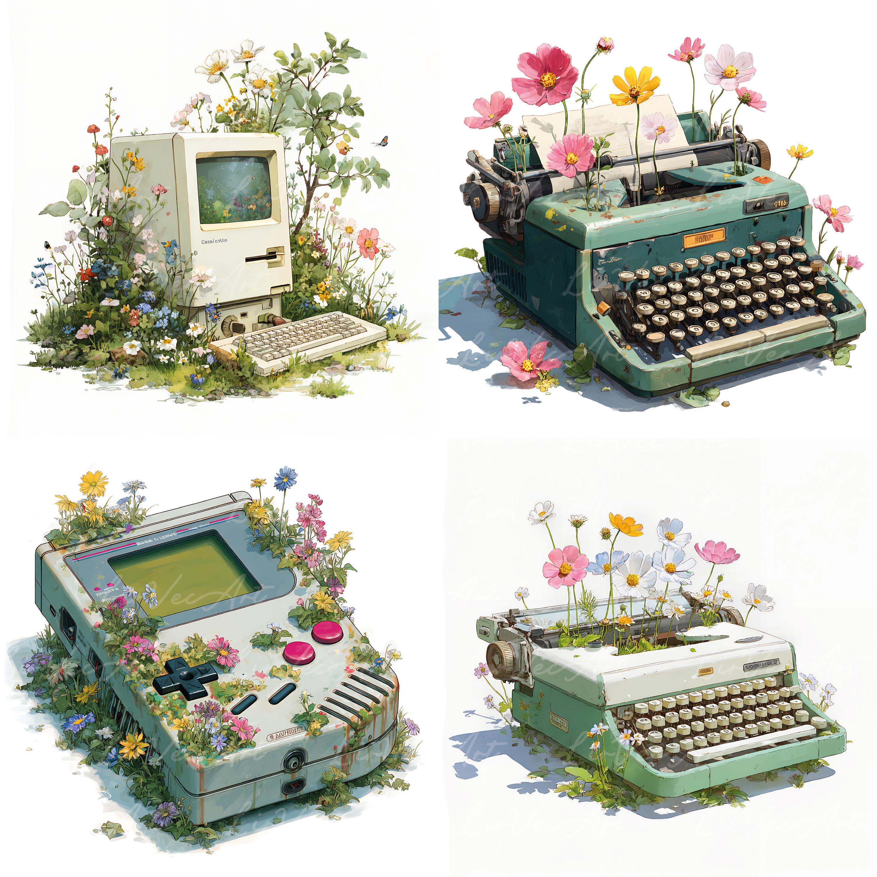 Retro Tech Clipart With Flowers,19 Watercolor Illustrations of Vintage ...