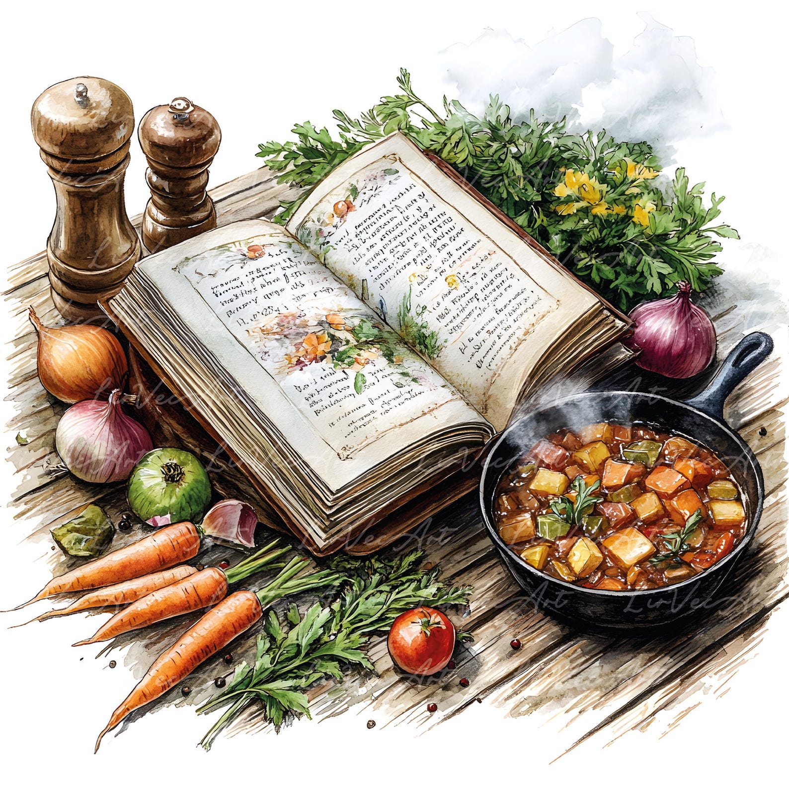 Vintage Watercolor Cookbook Clipart – Rustic Recipe Book Illustrations ...