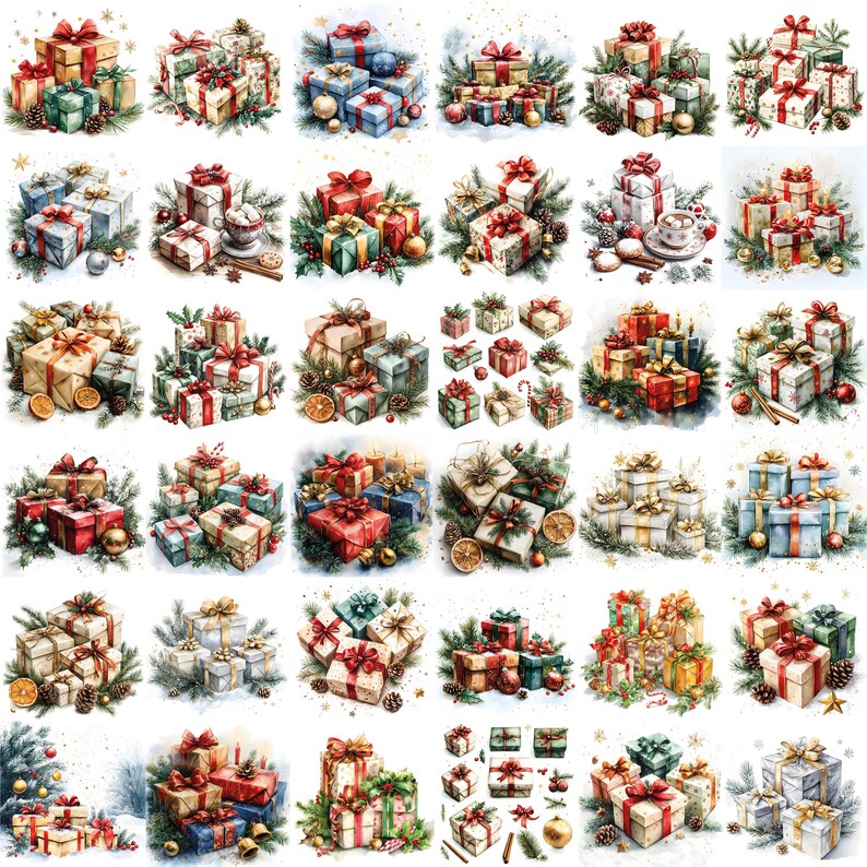 40 Christmas Gifts Watercolor Clipart, Holiday Presents, Festive Boxes ...
