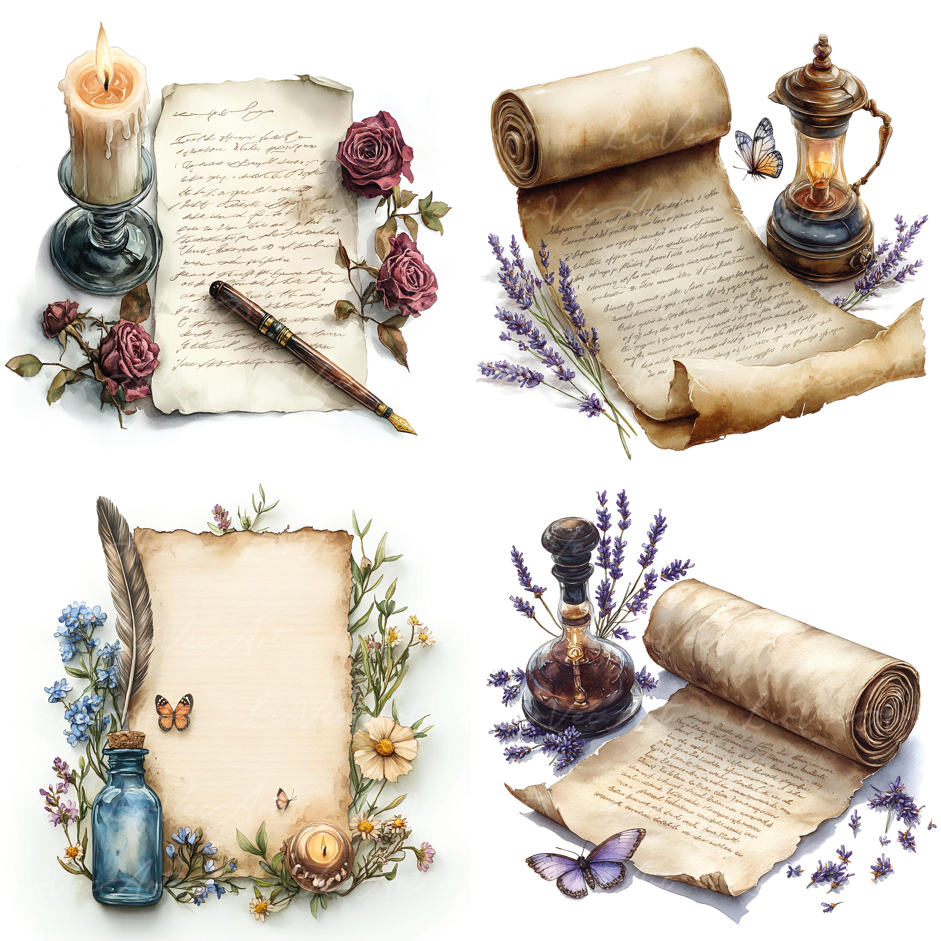 Vintage Writing Clipart Set – 24 Watercolor Illustrations of Aged Paper ...