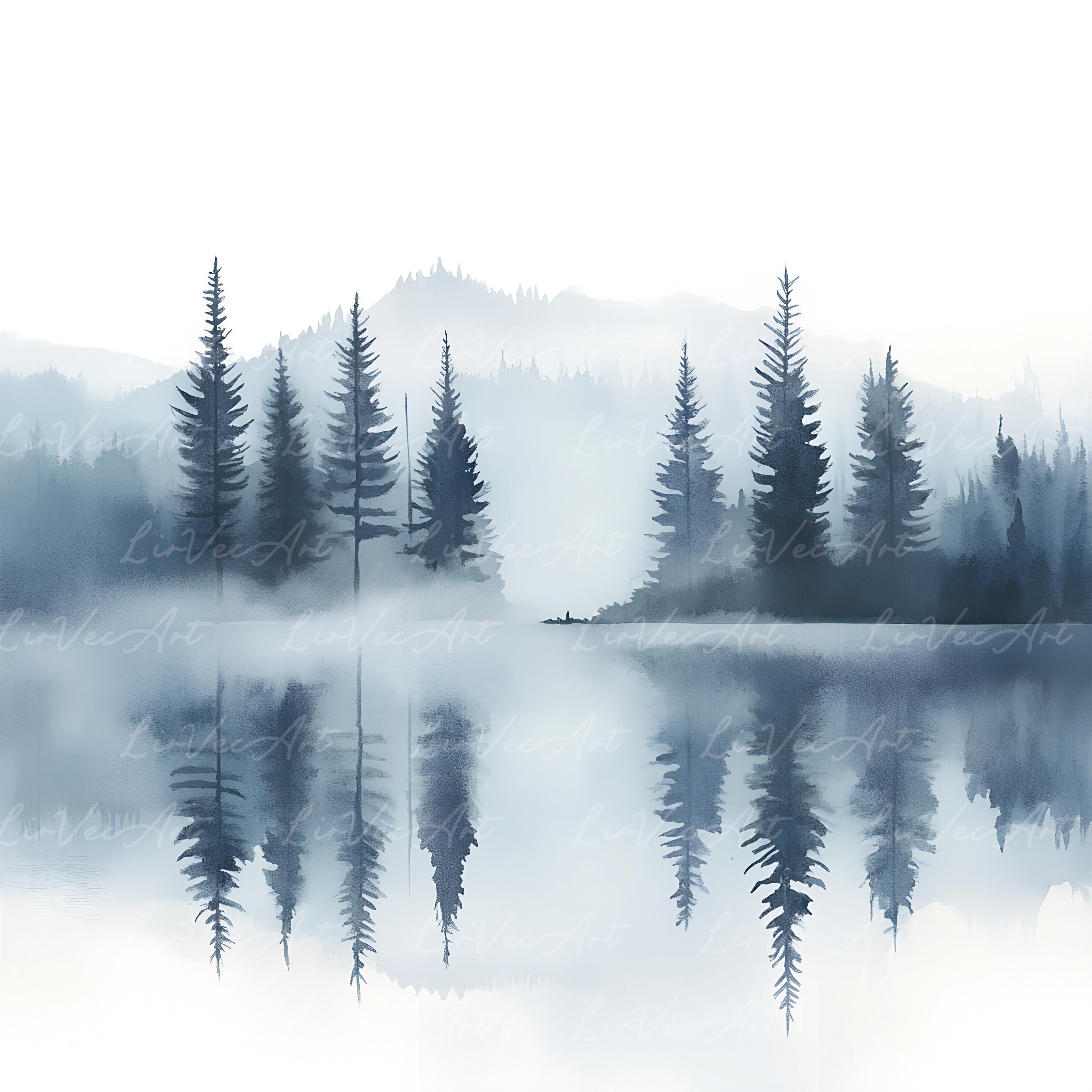 Watercolor Forest Lake Clipart – 25 Misty Pine Tree Landscape ...