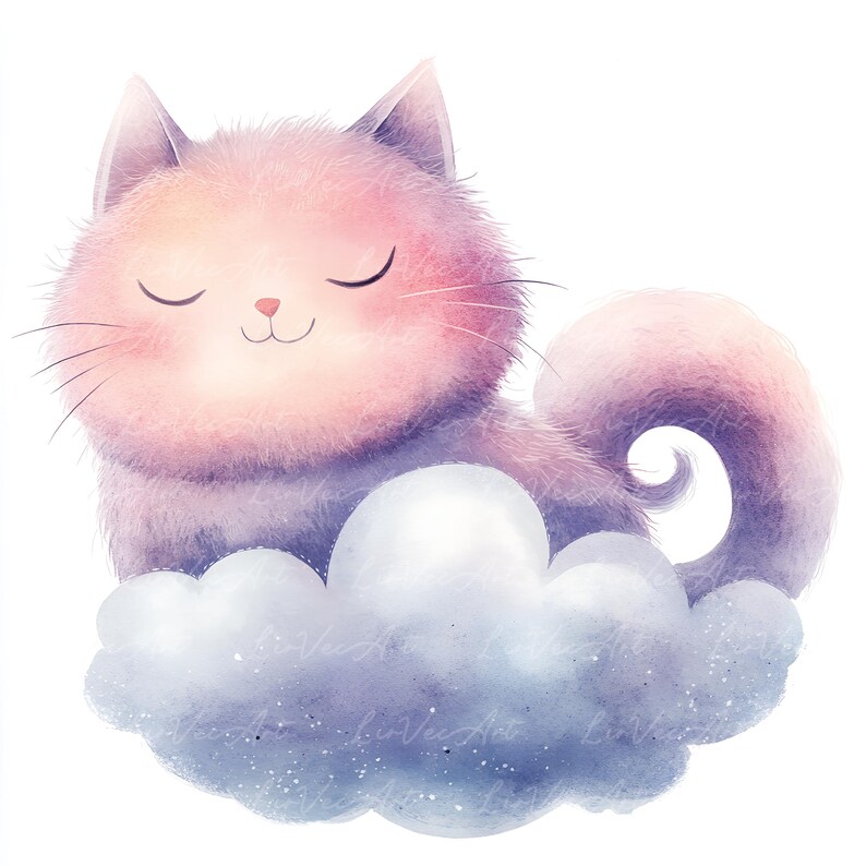 24 Cloud Cats Clipart, Watercolor Cute Kittens Made of Clouds and Moon ...