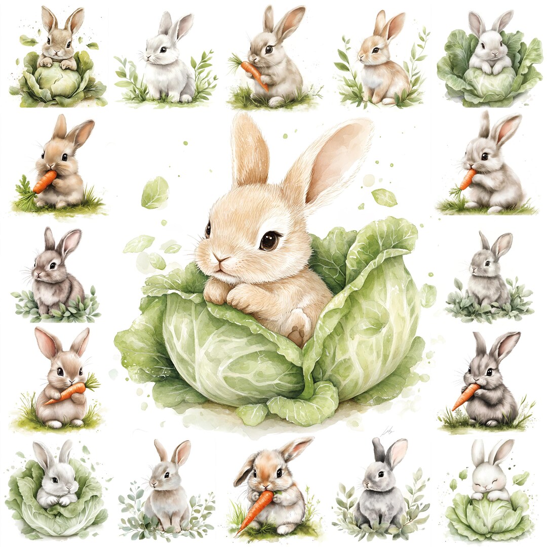 20 Adorable Bunny Clipart Set, Watercolor Rabbit Illustrations for Kids ...