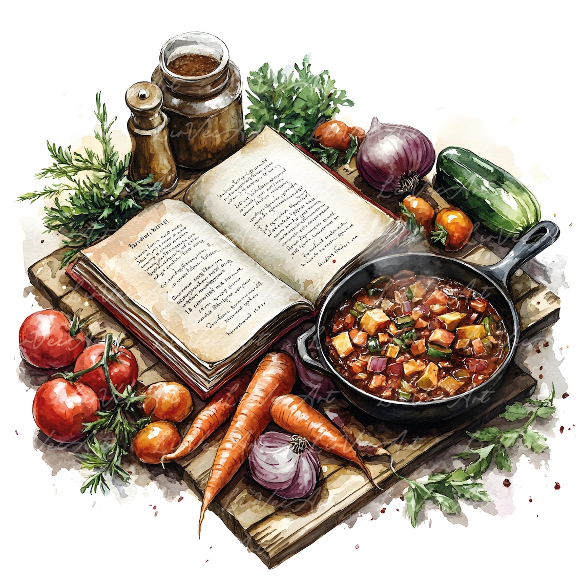 Vintage Watercolor Cookbook Clipart – Rustic Recipe Book Illustrations ...