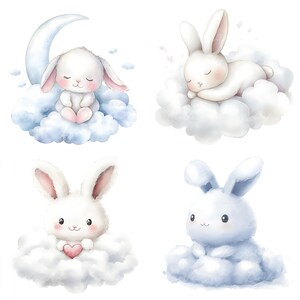 25 Cloud Bunny Clipart, Watercolor Cute Rabbits Made of Clouds and Moon ...