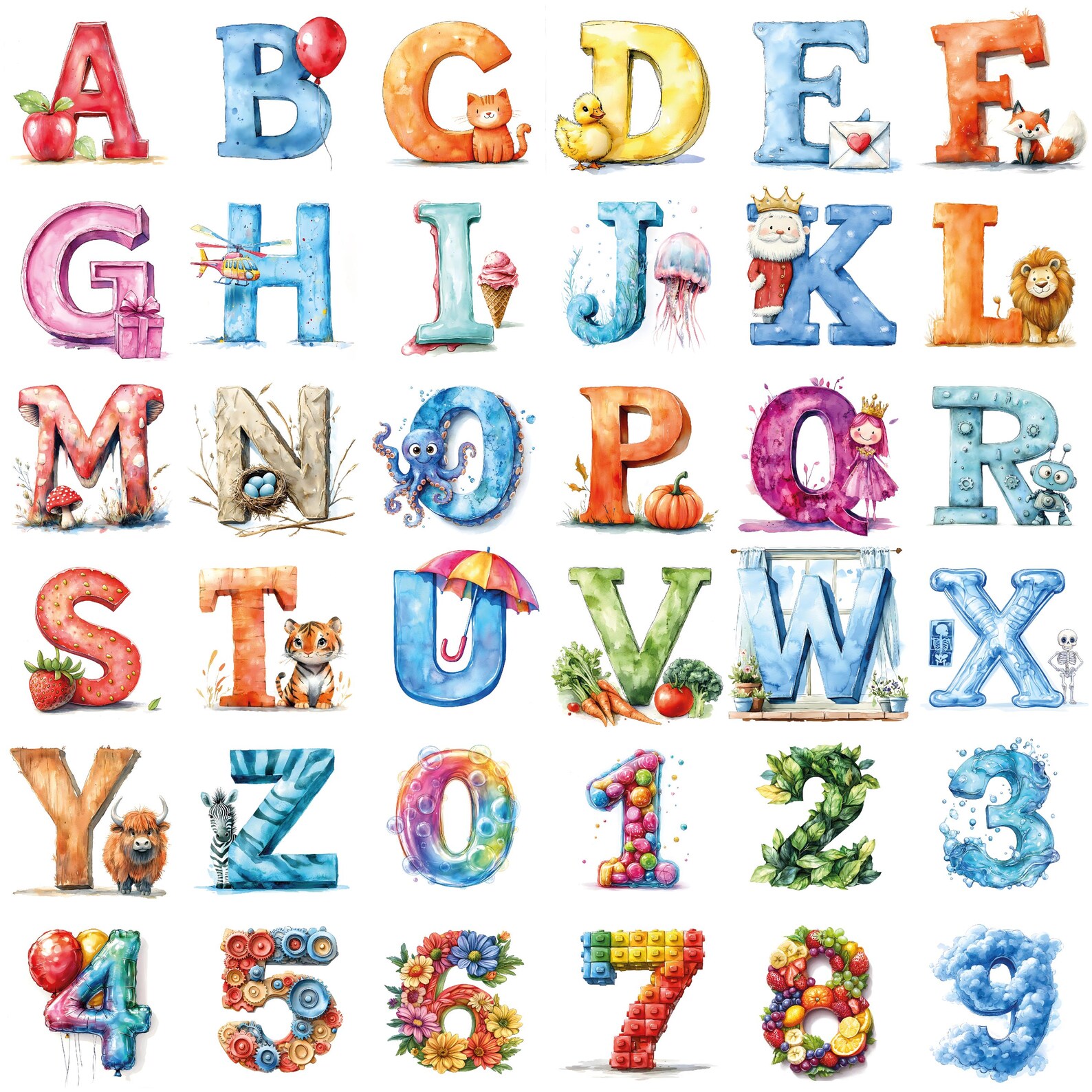 Watercolor Alphabet and Numbers Clipart Set – A to Z and 0-9 – Cute ...