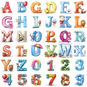 Watercolor Alphabet and Numbers Clipart Set – A to Z and 0-9 – Cute ...