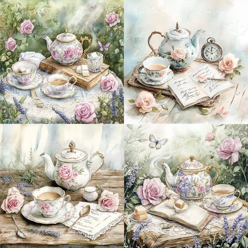 Shabby Chic Tea Set Clipart - 20 Watercolor Vintage Illustrations ...