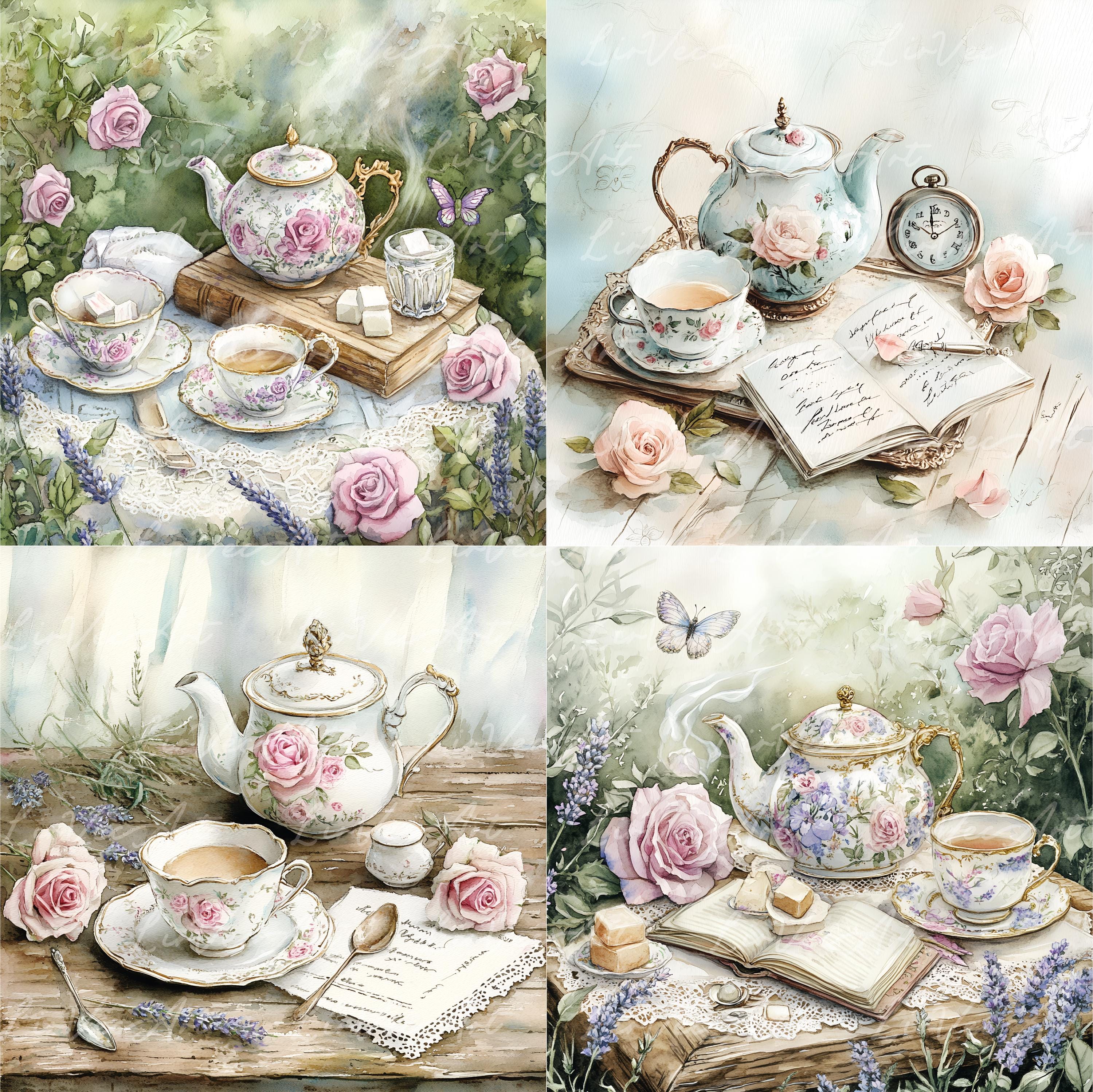 Shabby Chic Tea Set Clipart - 20 Watercolor Vintage Illustrations ...