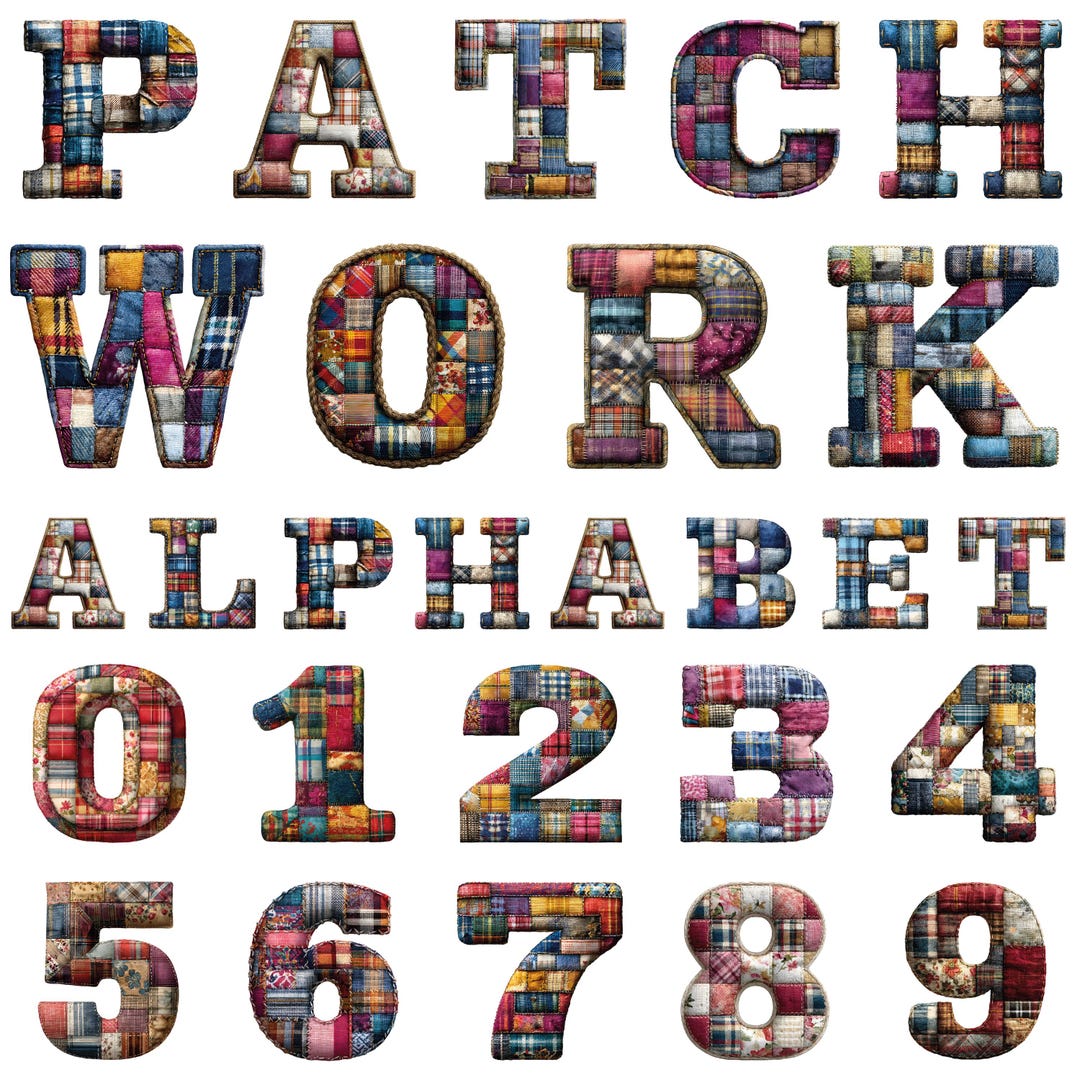 Patchwork Alphabet Letters And Numbers Clipart Fabric Quilt Font