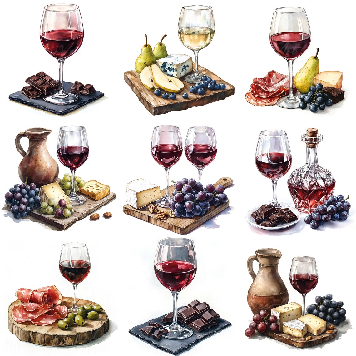 Watercolor Wine and Snack Clipart, Red & White Wine Glasses With Cheese ...