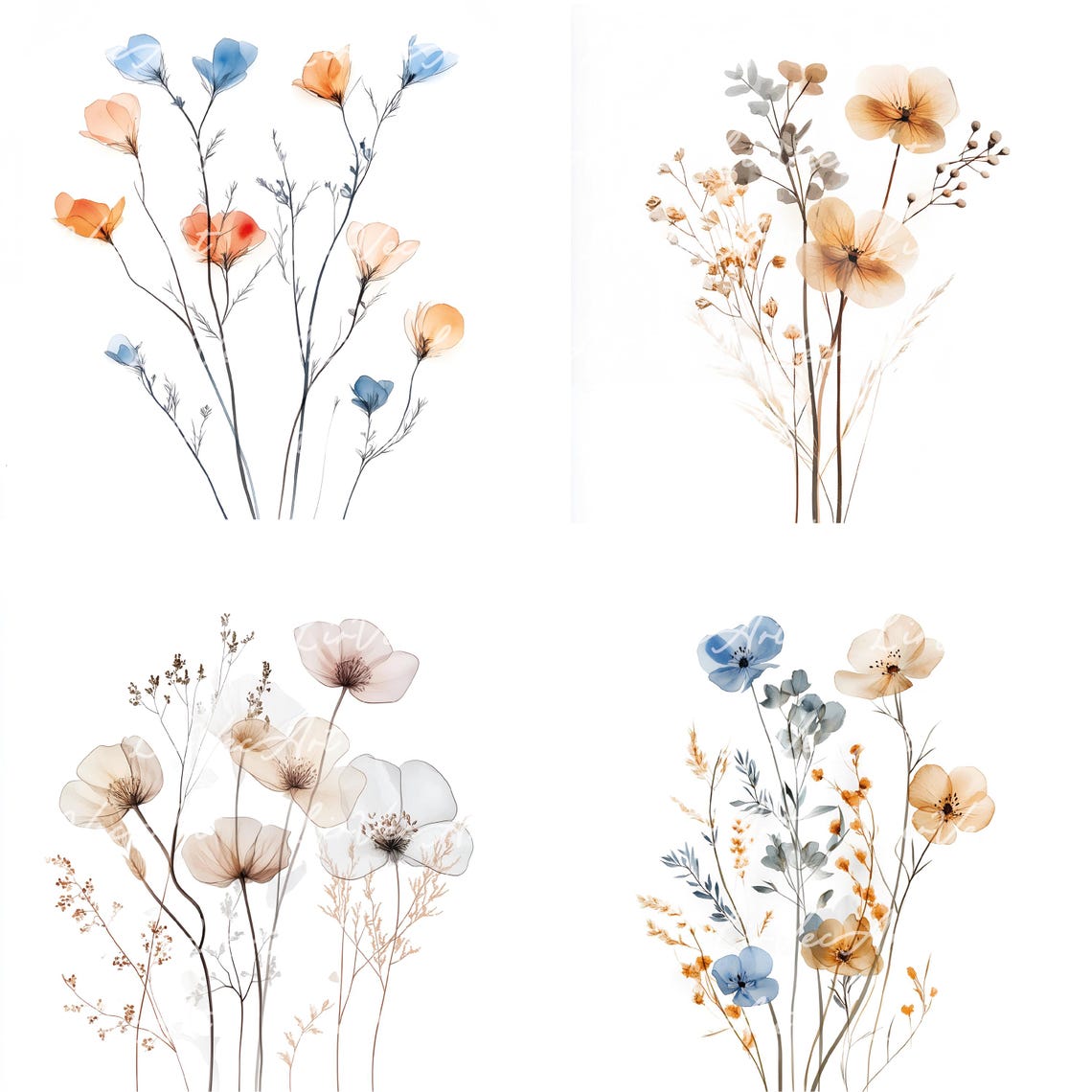 32 Abstract Flowers Clipart, Dried Flowers, Printable Watercolor ...