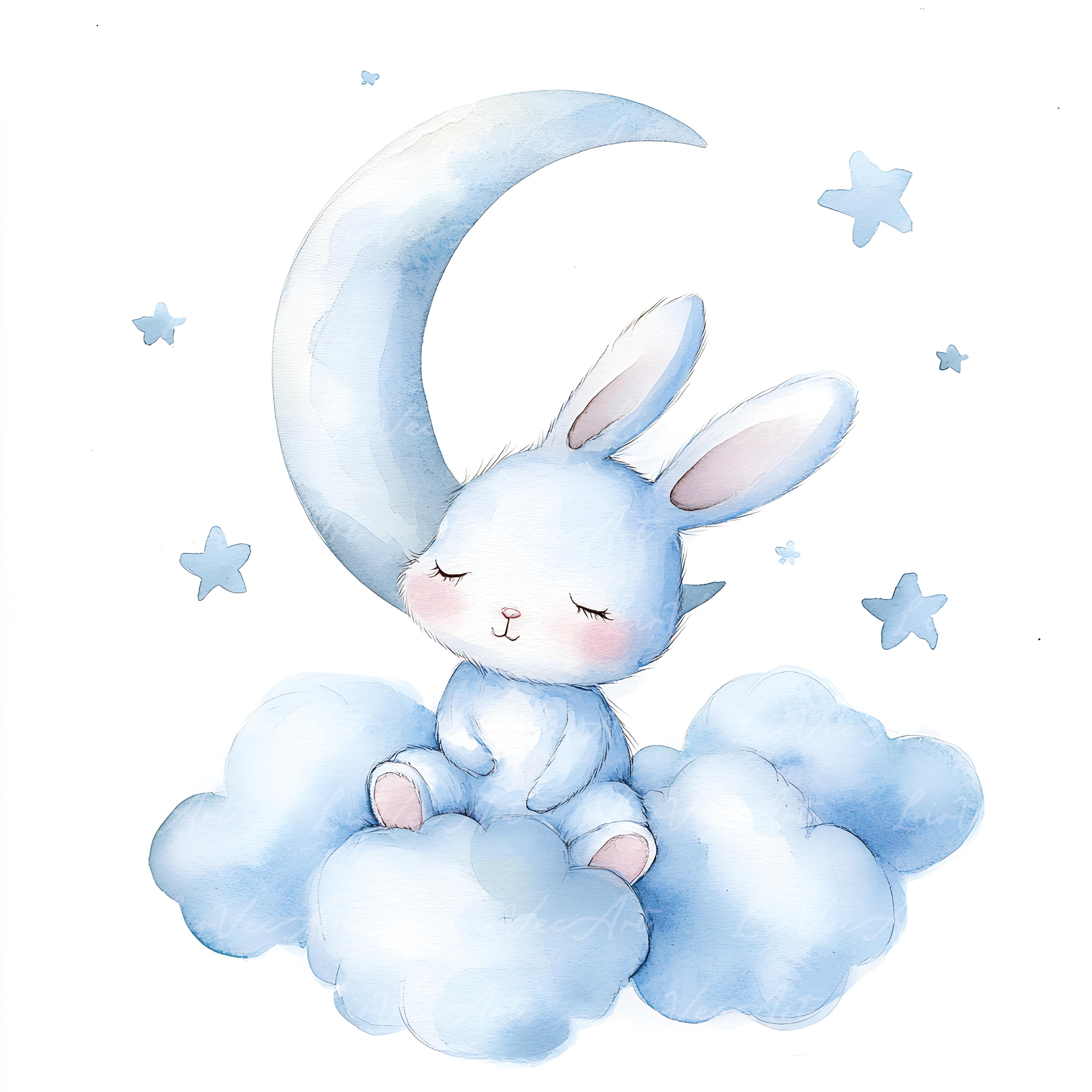 25 Cloud Bunny Clipart, Watercolor Cute Rabbits Made of Clouds and Moon ...