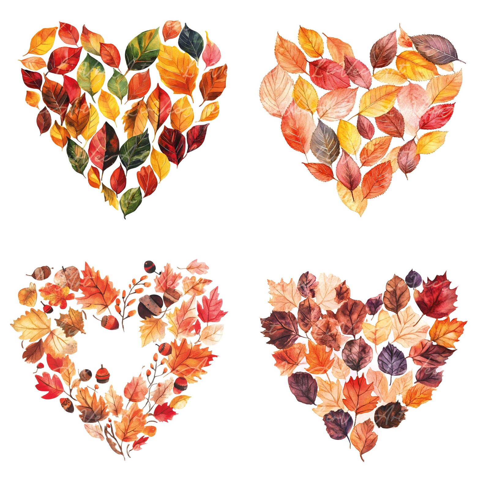 Watercolor Autumn Leaf Heart Clipart – 27 Cozy Fall Foliage Heart ...