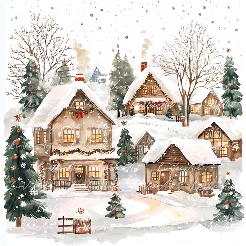10 Watercolor Christmas Village Clipart Set, Christmas Card Art ...