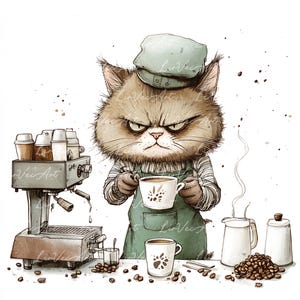 17 Grumpy Cat Barista Clipart Set - Funny Coffee Lover Digital Art ...