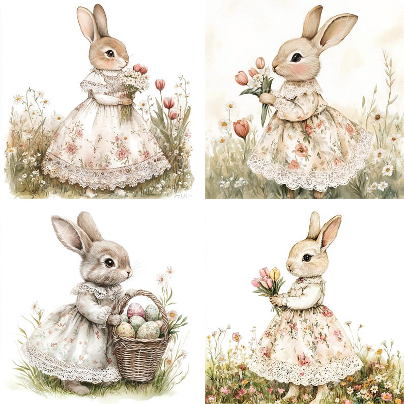 25 Vintage Easter Bunny Clipart Set, Adorable Watercolor Illustrations ...