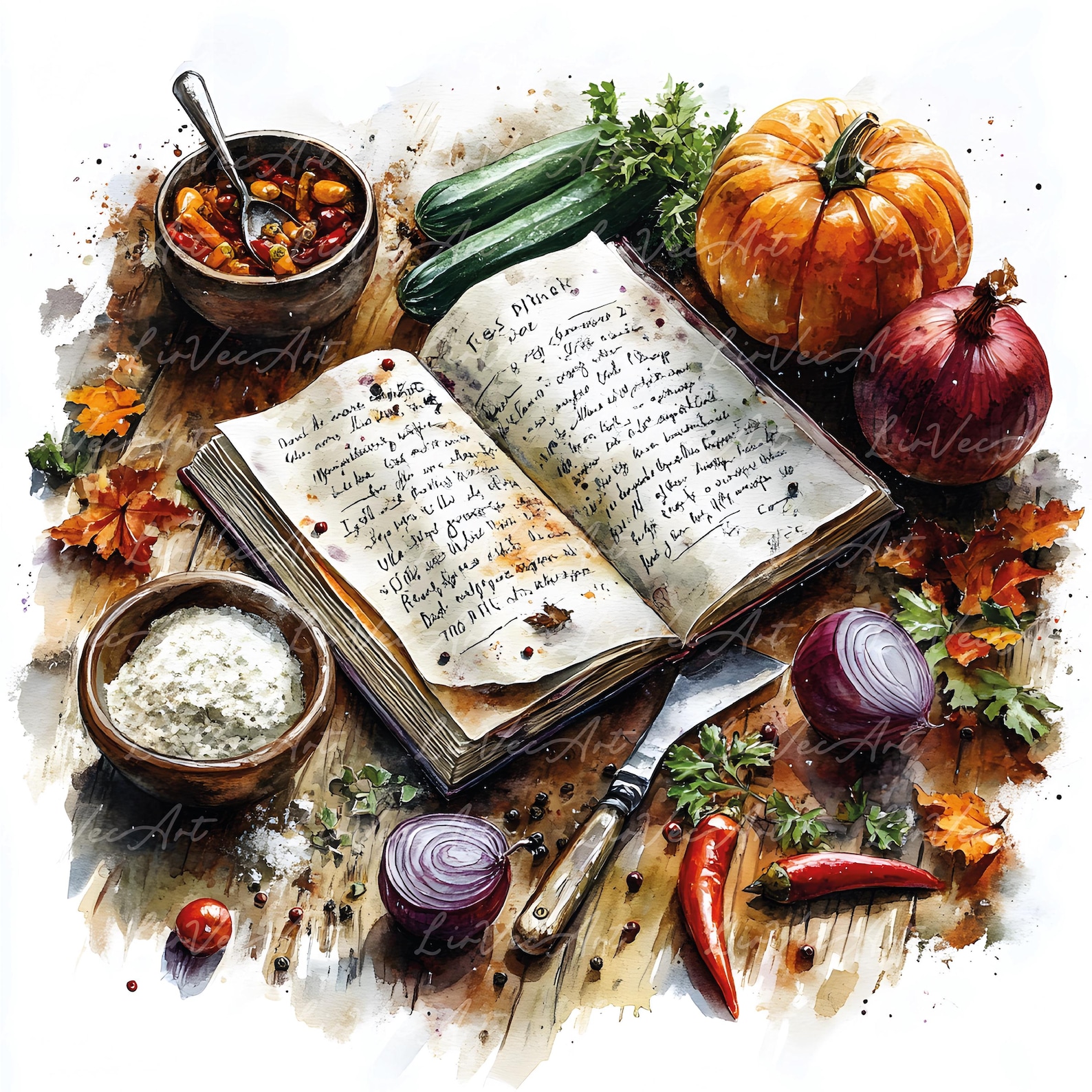 Vintage Watercolor Cookbook Clipart – Rustic Recipe Book Illustrations ...