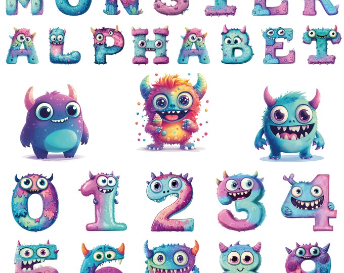 Monster Alphabet Clipart Set, Kids Monster Letters & Numbers, Cartoon ...