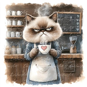17 Grumpy Cat Barista Clipart Set - Funny Coffee Lover Digital Art ...