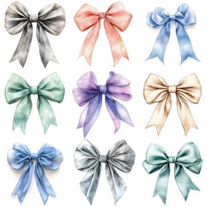 Colorful Bow Clipart Set, 25 Watercolor Ribbon Bows, Pastel Satin Silk ...