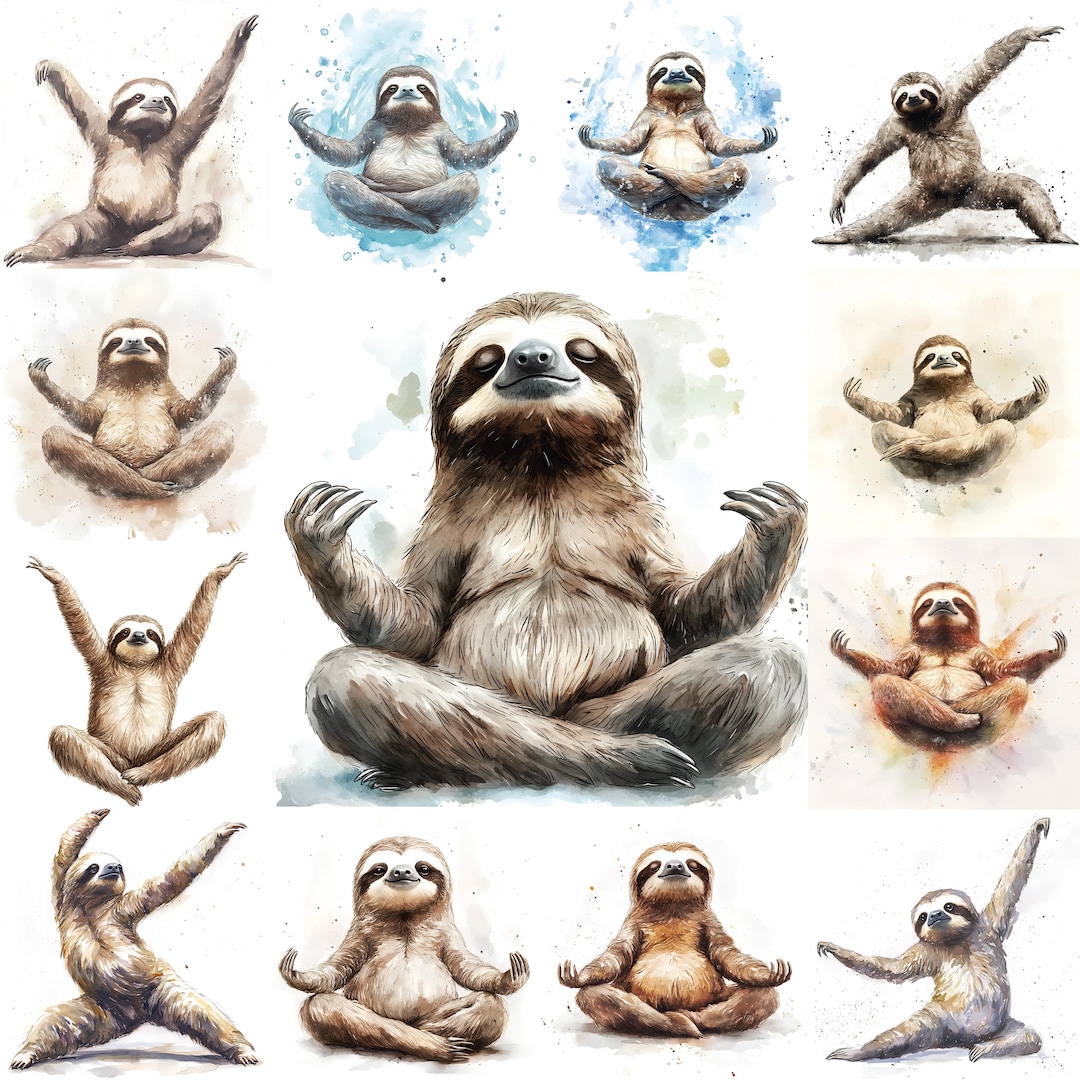 14 Relaxing Yoga Sloths Clipart – Funny Zen Sloth Illustrations ...